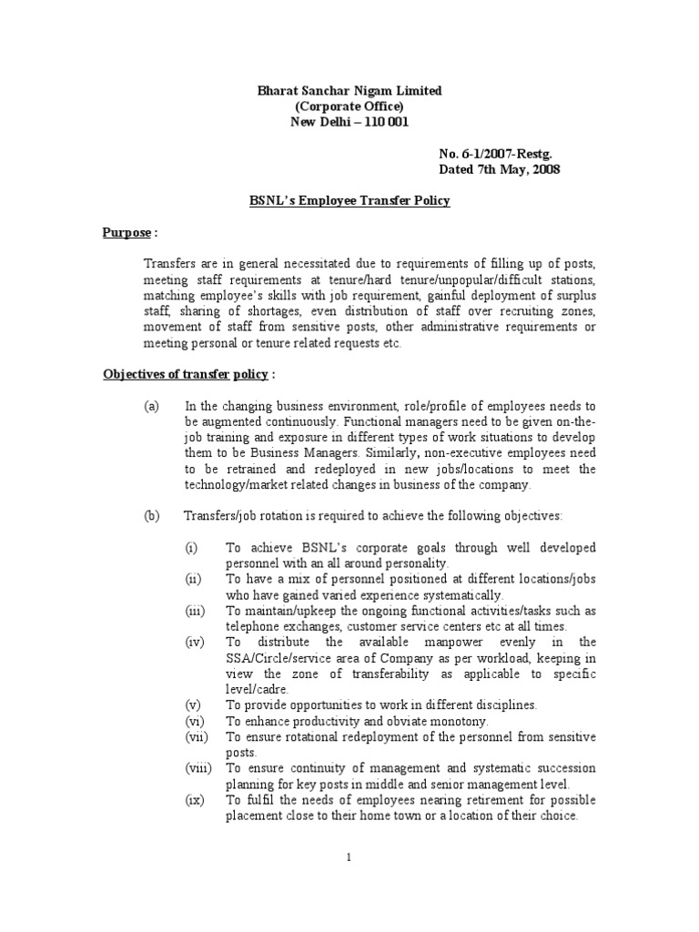 BSNL Employee Transfer Policy Overview | PDF | Employment | Human Resources
