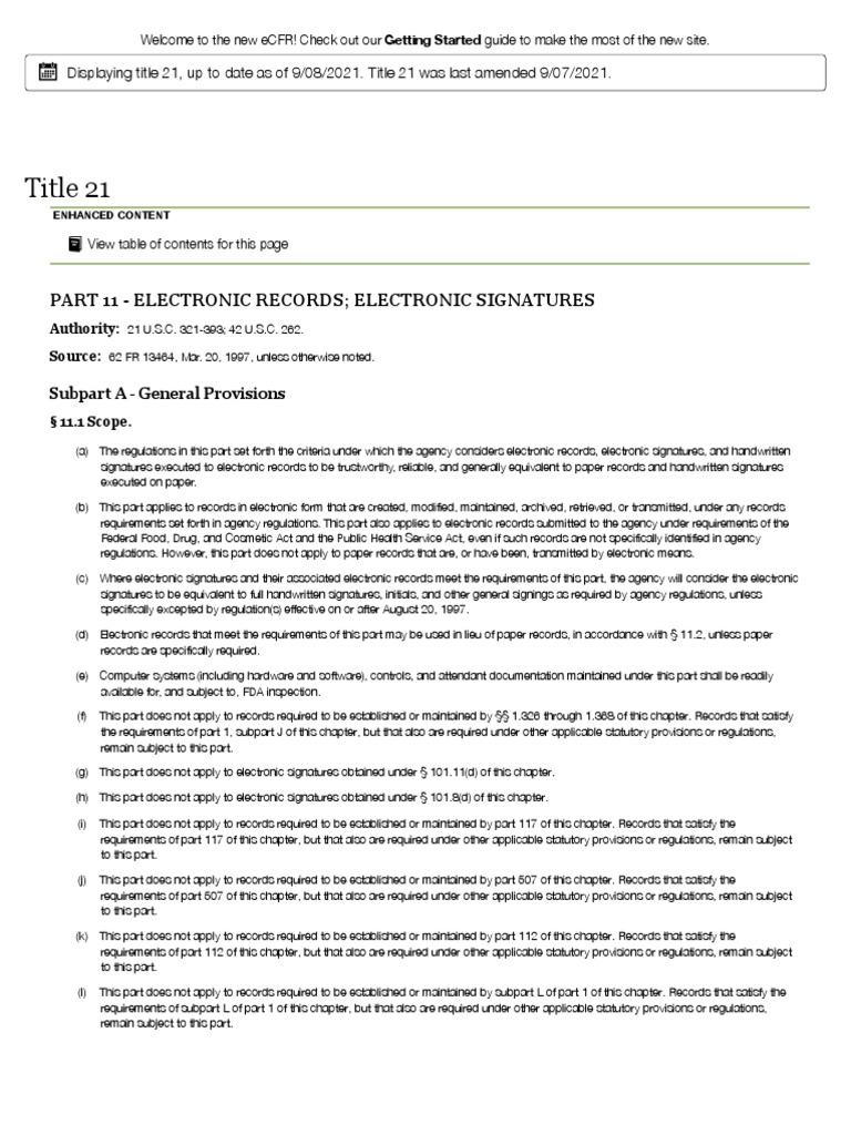 eCFR: 21 CFR Part 11 - Electronic Records Electronic Signatures | PDF ...