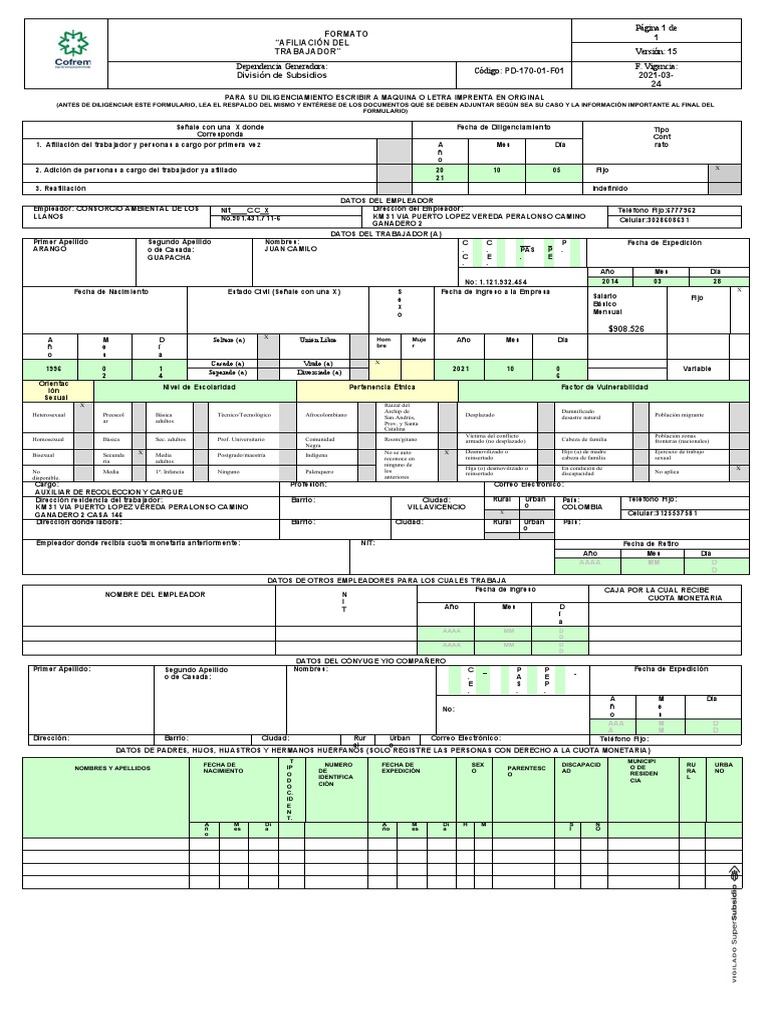 Formato de Afiliacion Cofrem | PDF | Bases de datos