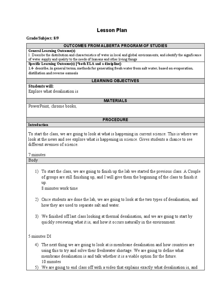Lesson Plan Desalination | PDF | Desalination | Water