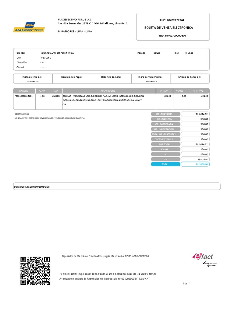 Boleta de Venta Electrónica SUNAT | PDF