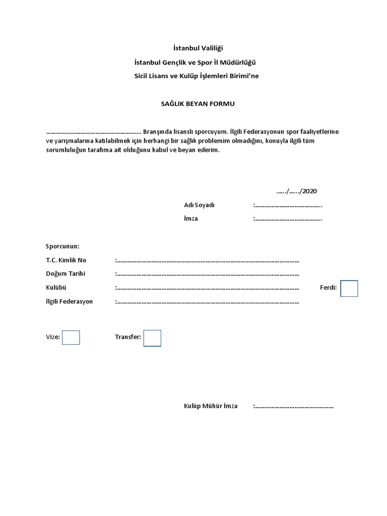 Saglik Beyan Formu (18 Yasindan Buyuk Sporcular Icin) | PDF
