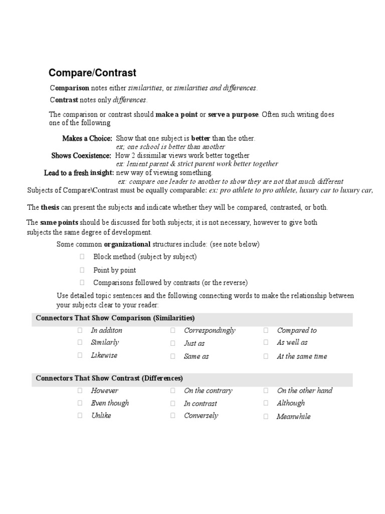 Compare/Contrast: Connectors That Show Comparison (Similarities) | PDF ...