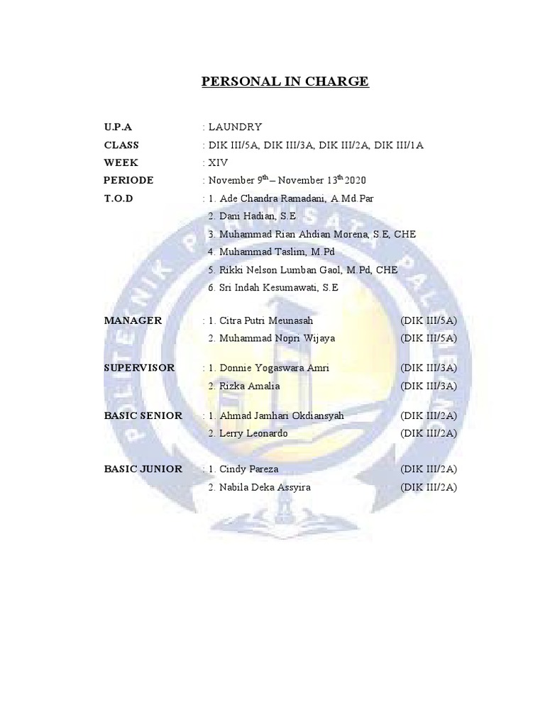 Personal in Charge: U.P.A Class Week Periode T.O.D | Download Free PDF ...