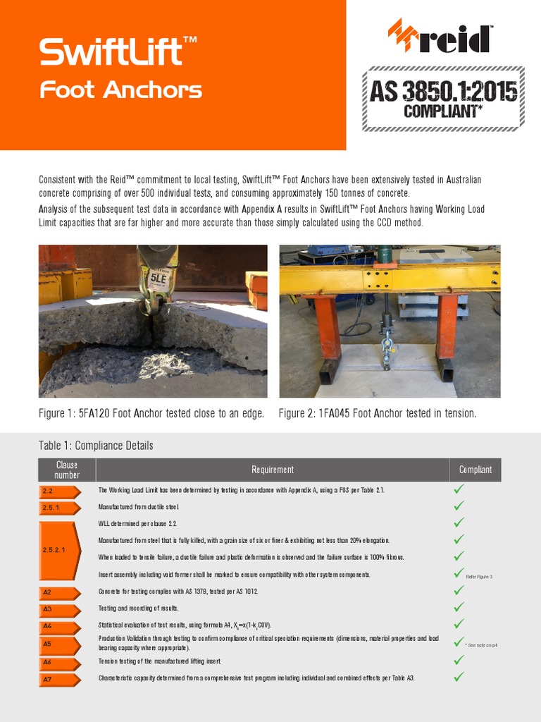 Reid™ SwiftLift™ Foot Anchors AS3850-2015 Compliance | PDF | Iso 9000 ...