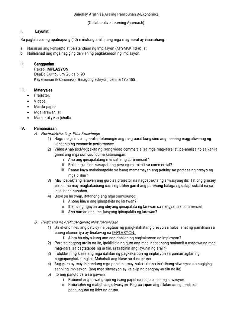 Banghay Aralin Sa AP Ekonomiks Implasyon | PDF