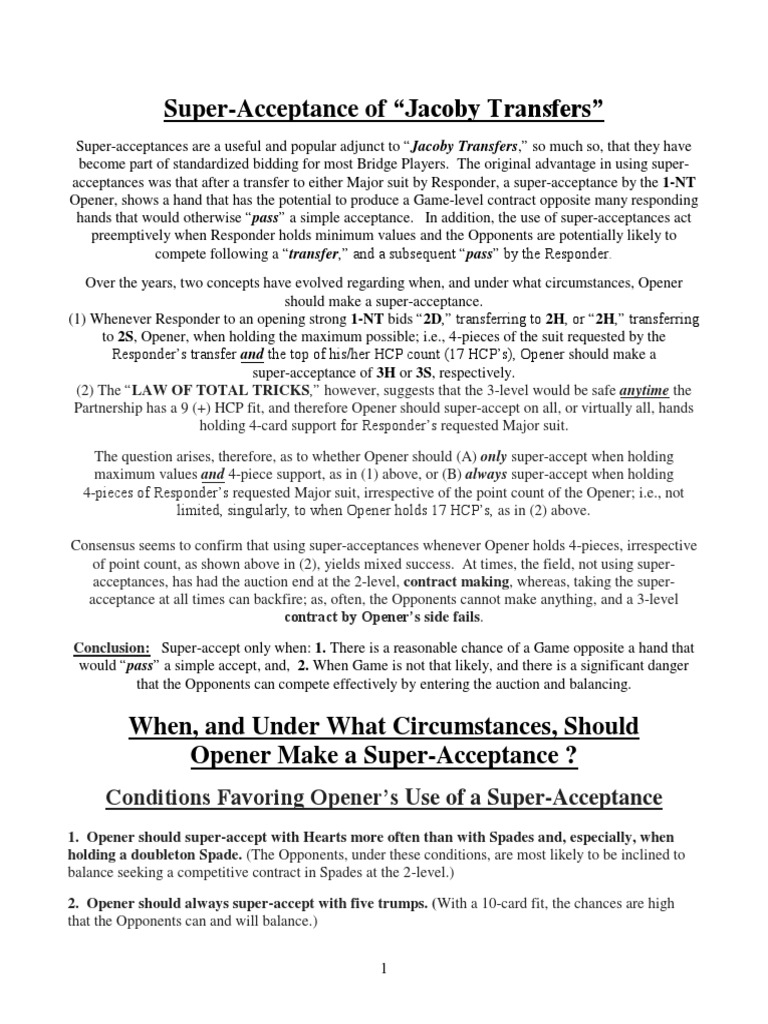 Super Acceptance of "Jacoby Transfers" | PDF | Gaming | Contract Bridge