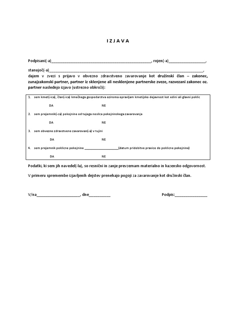 Izjava o Neizpolnjevanju Pogojev Za Zavarovanje Po Drugi Podlagi | PDF