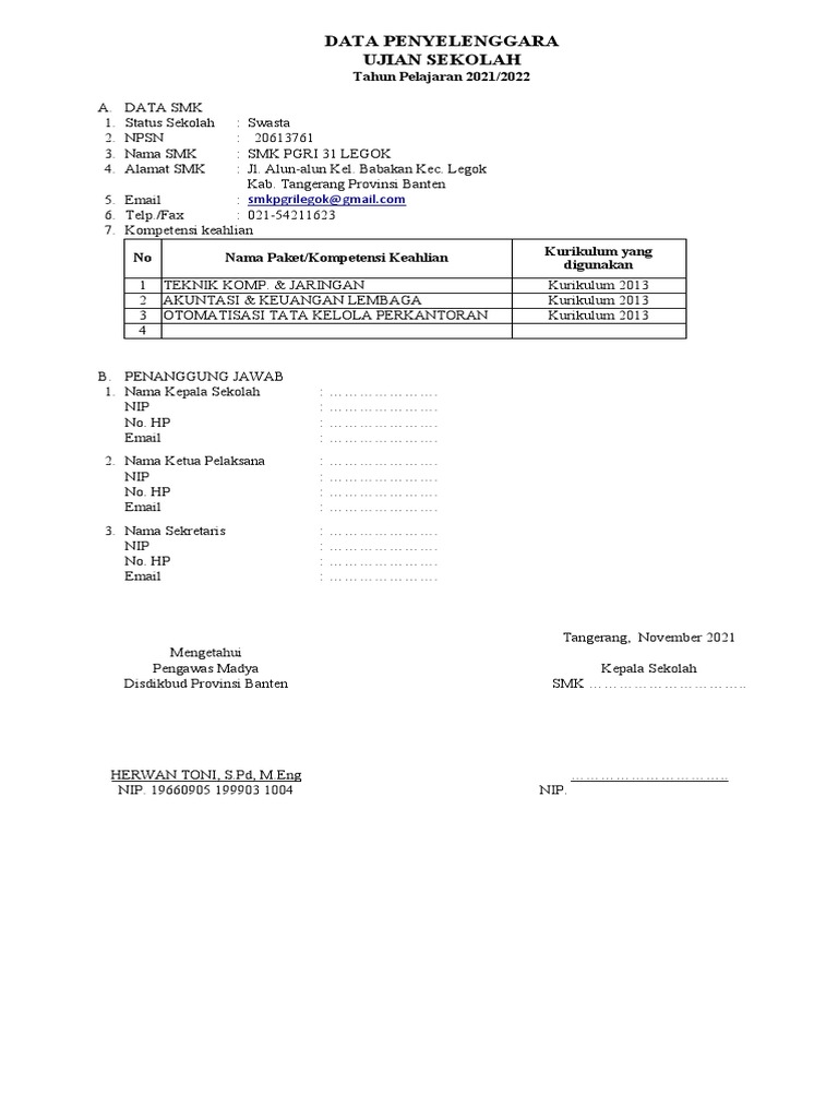 Data Penyelenggara Ujian SMK PGRI 31 | PDF
