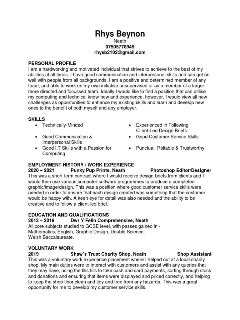 Rhys Beynon CV | PDF | Communication | Cognition