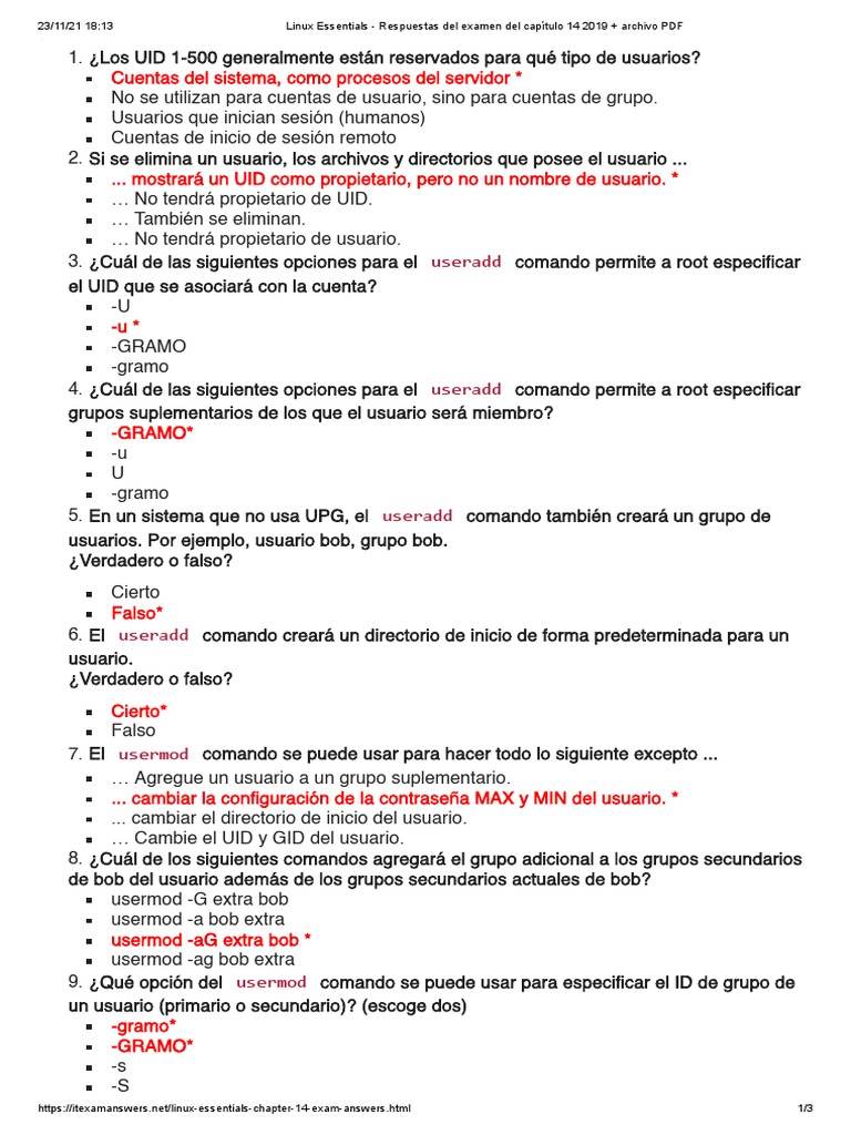 Linux Essentials - Respuestas Del Examen Del Capítulo 14 2019 + Archivo PDF | PDF | Usuario ...
