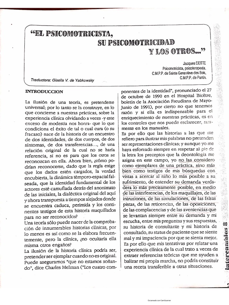 Deitte. J. El Psicomotricista Su Psicomotricidad y Los Otros. | PDF