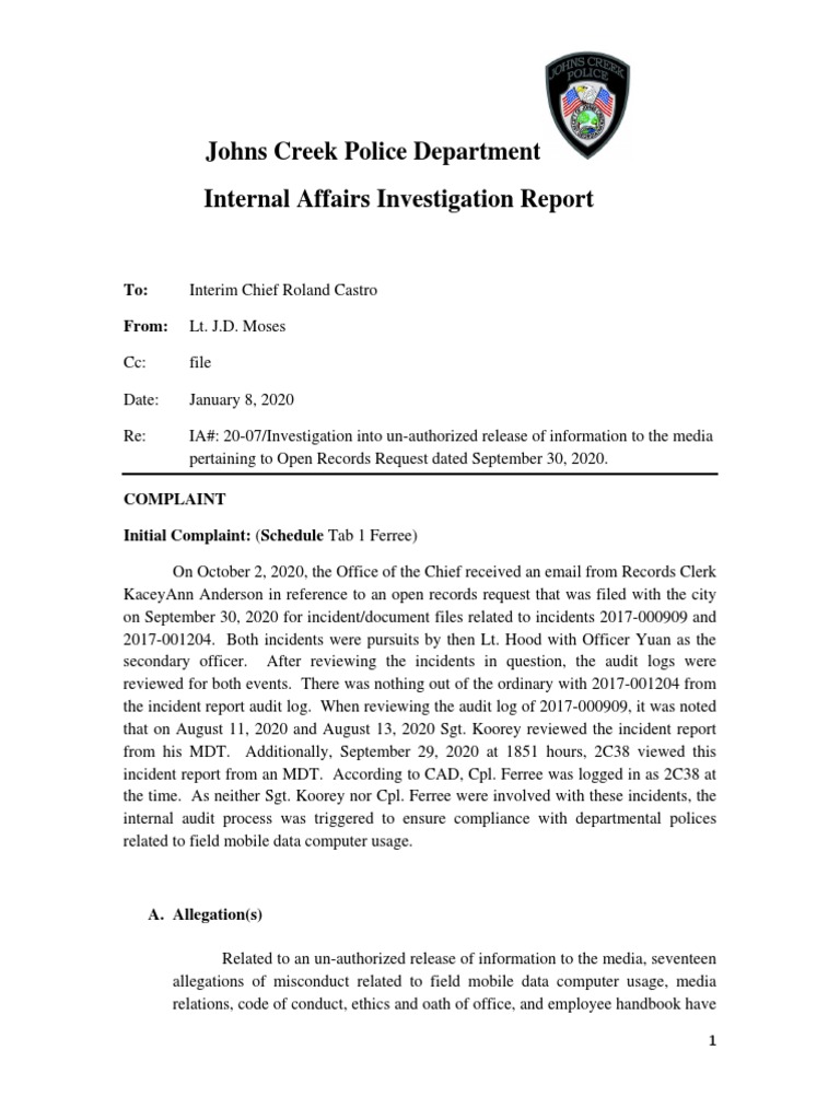 Johns Creek Police Internal Affairs Report | PDF | Federal Bureau Of ...