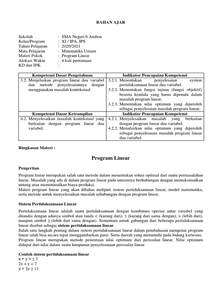 Bahan Ajar Matek Umum Kls XI Program Linear | PDF