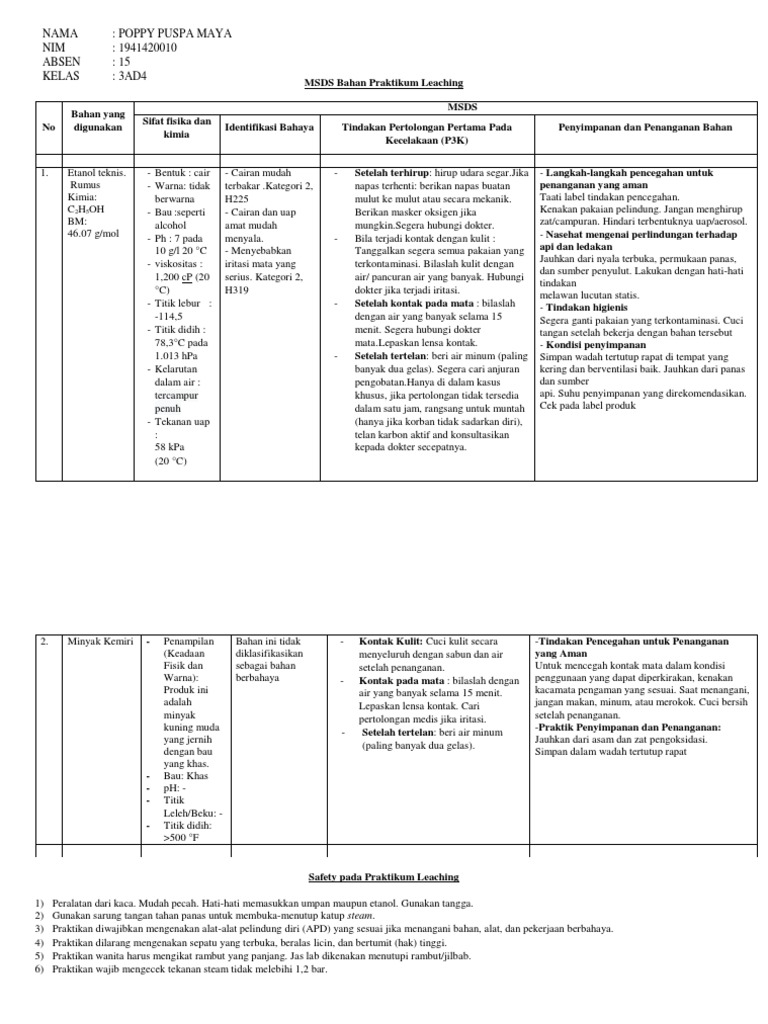 Poppy Puspa Maya - 3AD4 - 15 - Tugas MSDS Leaching | PDF