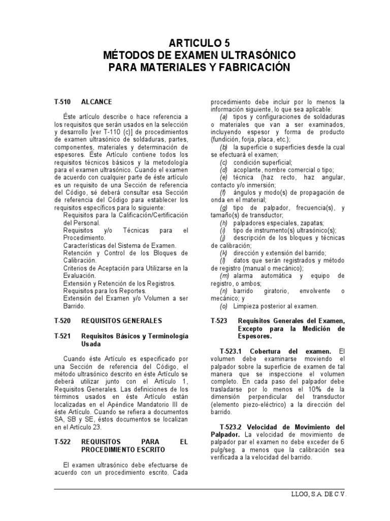 Asme Sec V Art V | PDF | Ultrasonido | Calibración