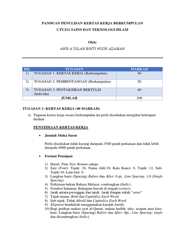 Panduan Penulisan Kertas Kerja Ctu211 | PDF