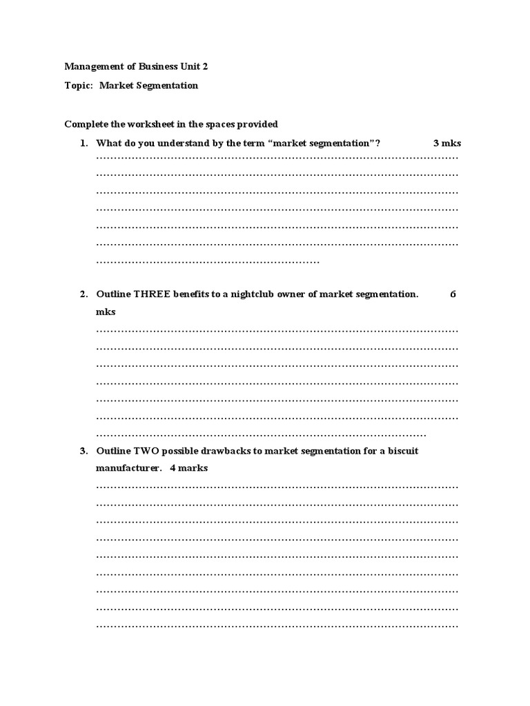 Worksheet - Market Segmentation | PDF | Market (Economics) | Microeconomics