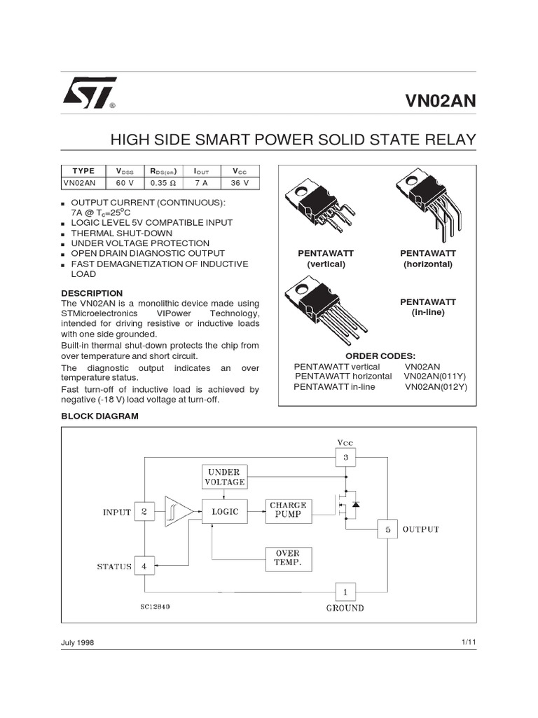 High Side Smart Power Solid State Relay Datasheet - VN02AN | PDF ...