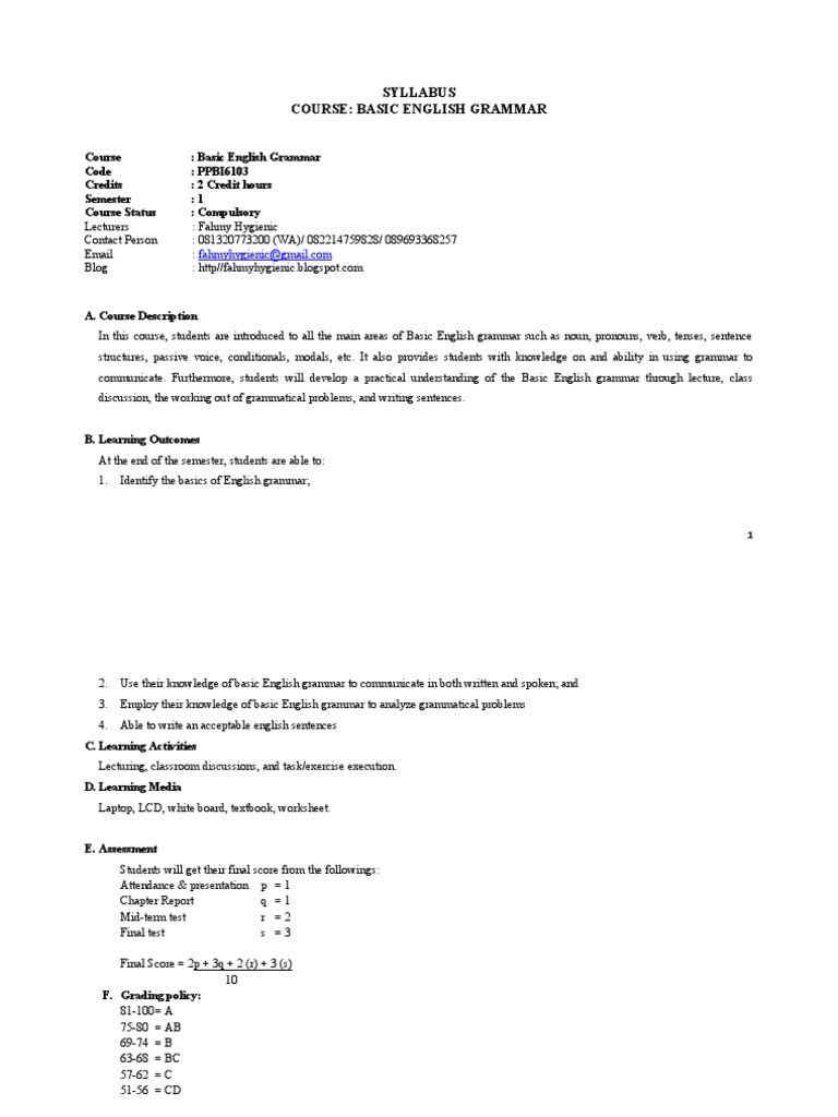 Syllabus Basic English Grammar | PDF | Adjective | Linguistic Morphology