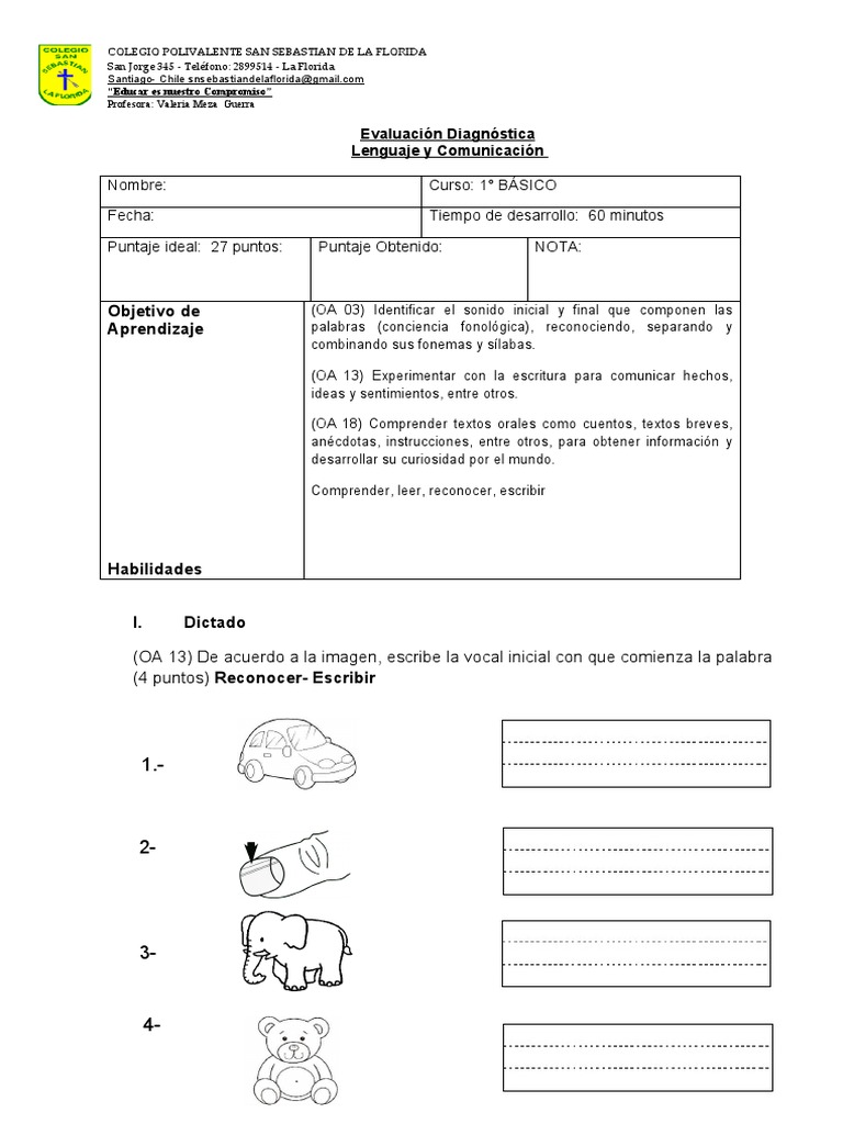 Evaluación Diagnóstica Lenguje 1º Básico | PDF | Comunicación humana ...