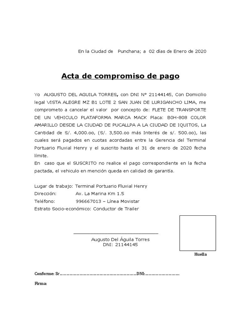 Carta Compromiso Pago - 2020 | PDF