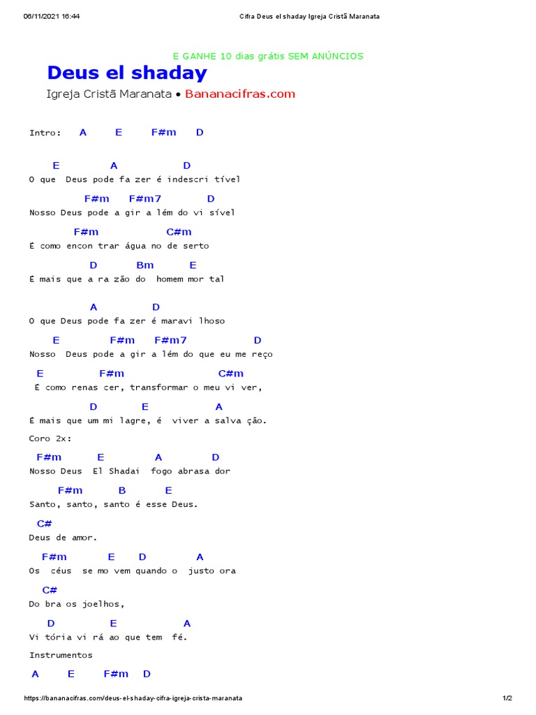 Cifra Deus El Shaday Igreja Cristã Maranata | PDF