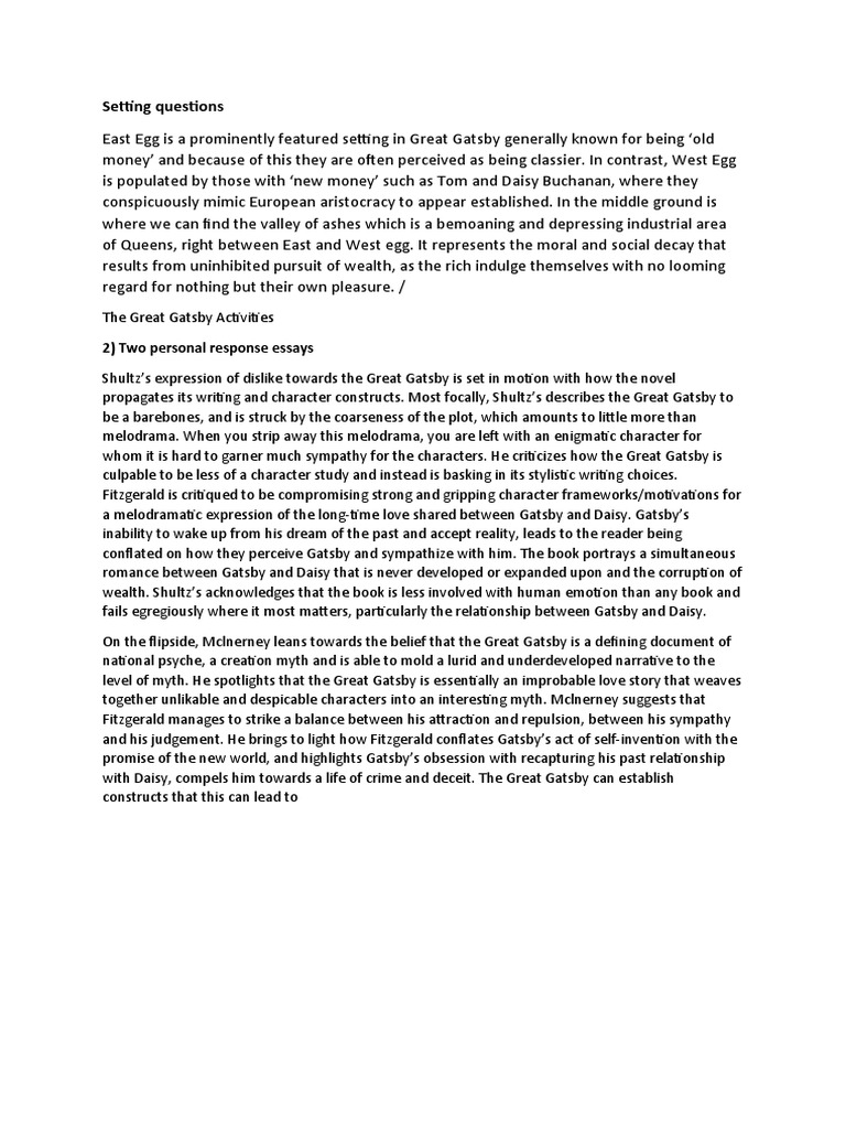 Setting Questions: 2) Two Personal Response Essays | PDF | The Great Gatsby