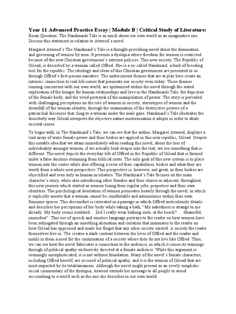 Year 11 Advanced Practice Essay Handmaids Tale | PDF