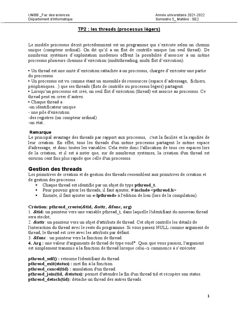 Tp2 Les Threads | PDF | Processus (informatique) | Thread (informatique)