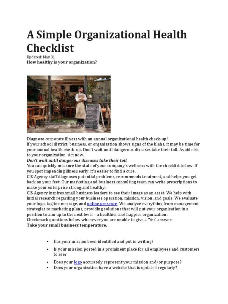 Organizational Health Checklist Guide | PDF | Marketing | Physical ...