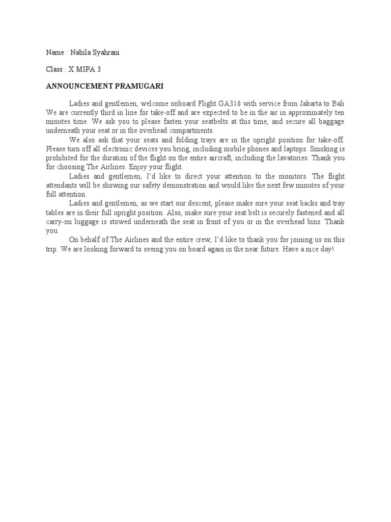 Announcement Pramugari: Name: Nabila Syahrani Class: X MIPA 3 | PDF ...