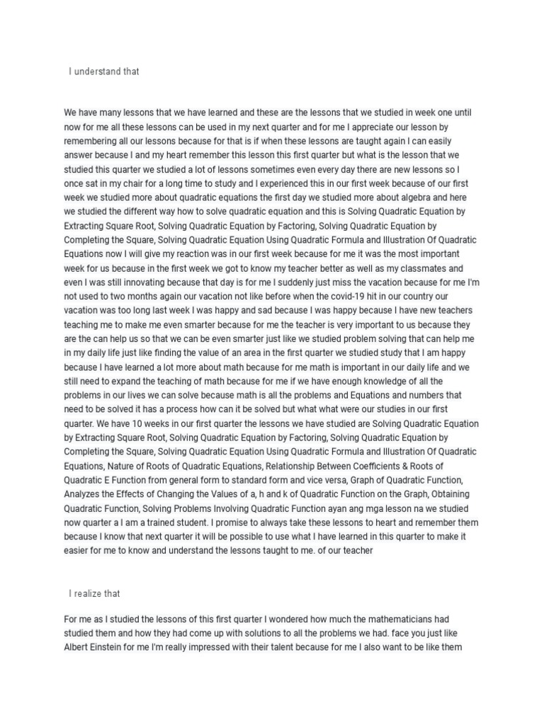 Reflection Journal in Mathematics 9 - Quarter 1 | PDF | Quadratic ...