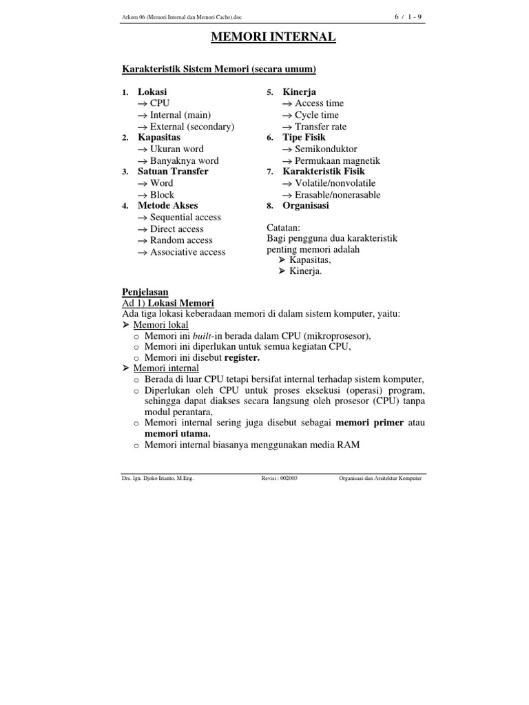 Memori Internal: Karakteristik Sistem Memori (Secara Umum) Lokasi Kinerja | PDF