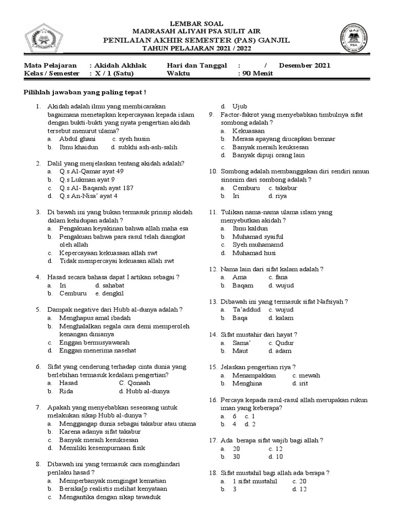 Soal Akidah Roza Kls X | PDF
