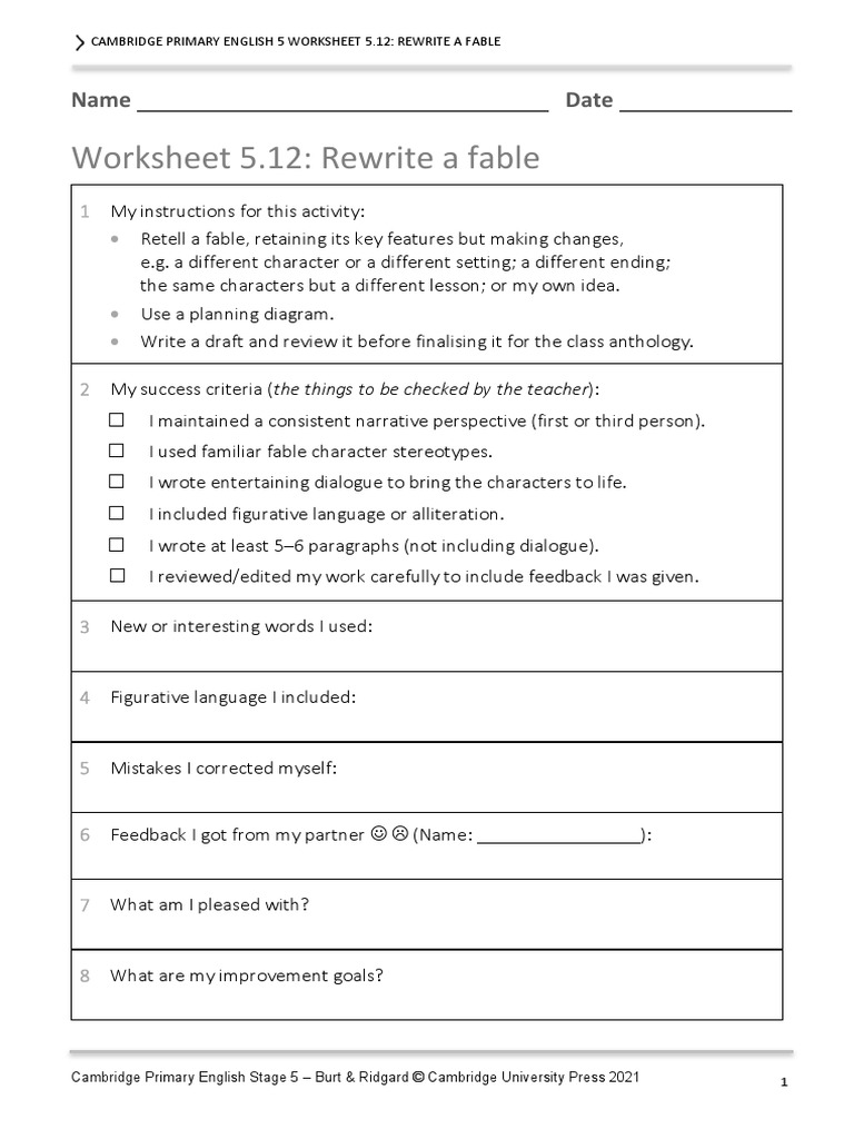 Worksheet 5.12: Rewrite A Fable: Name Date | PDF