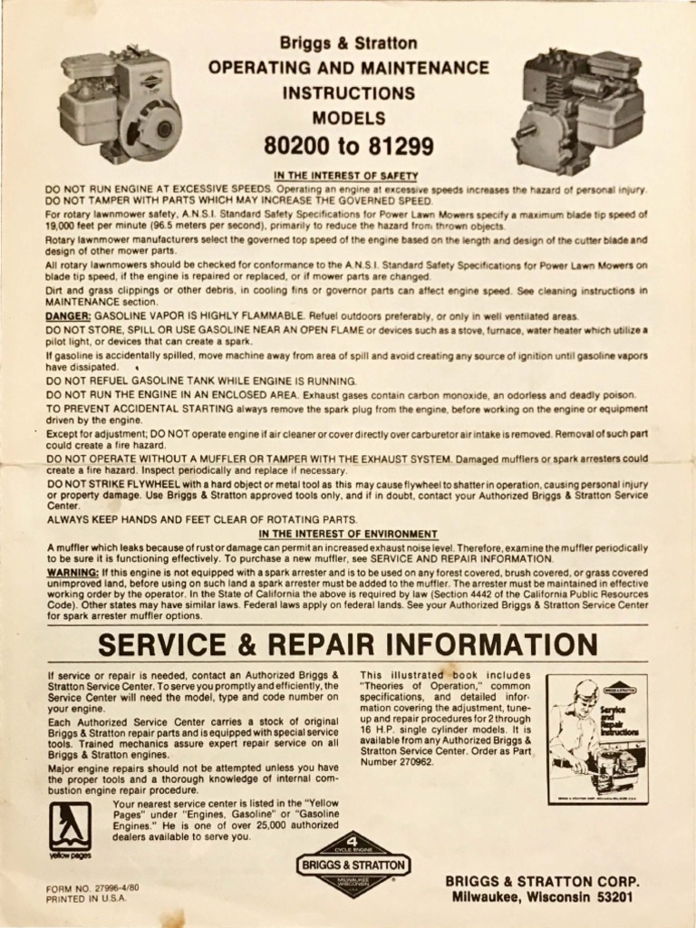 Briggs Model 80200 81299 Operating and Maintenance Instructions PDF Carburetor Lawn Mower