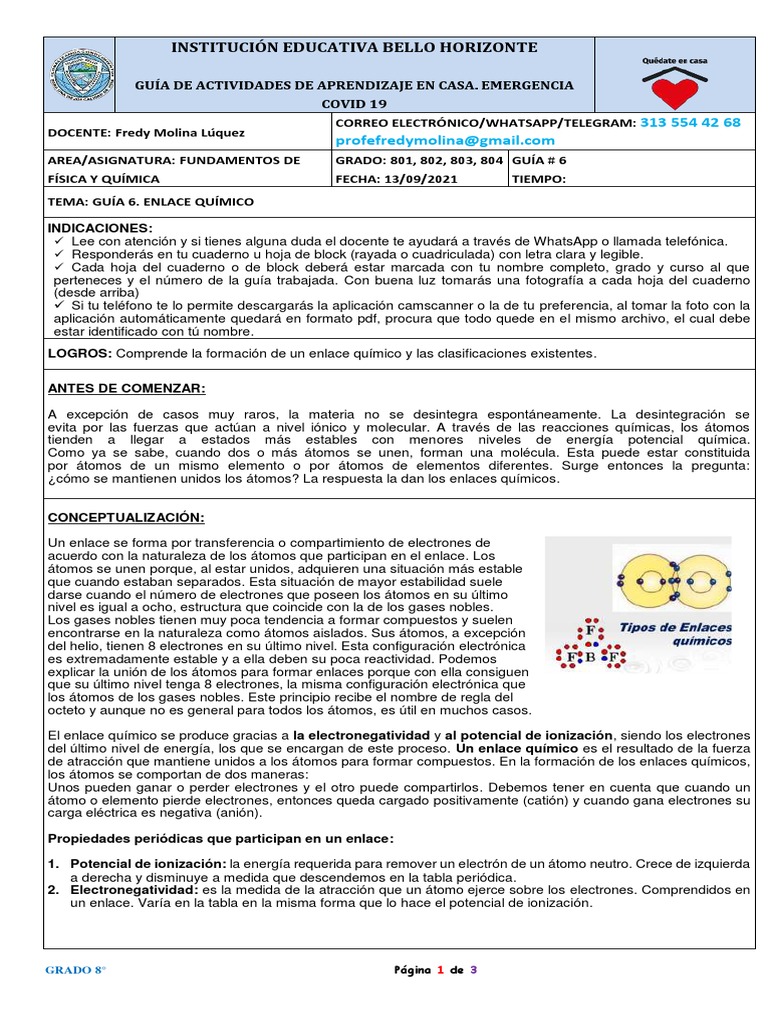 Guía de Enlaces Químicos para 8° | PDF | Enlace químico | Enlace covalente