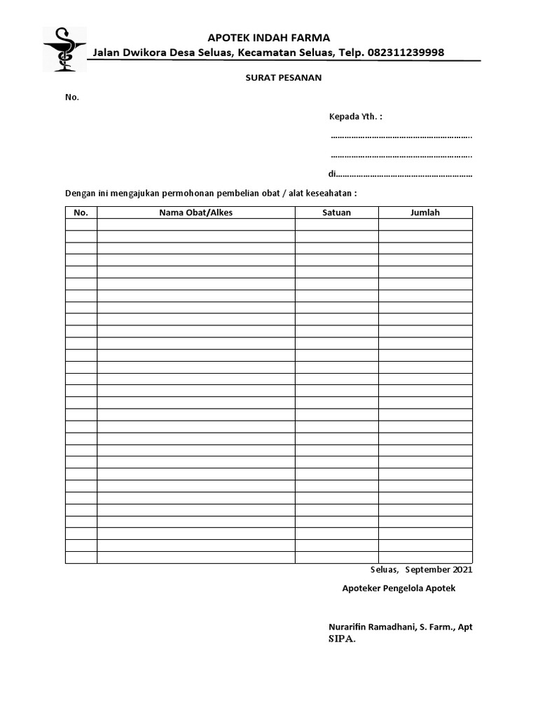 Form Blanko Surat Pesanan Apotek | PDF