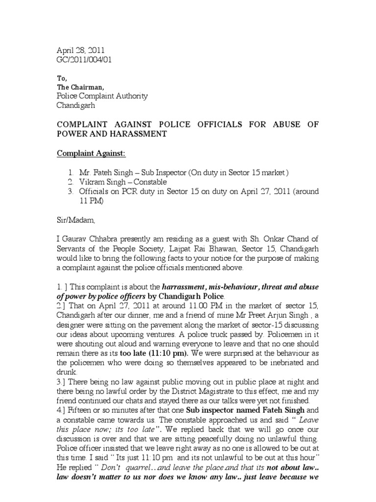 Police Misconduct Complaint in Chandigarh | PDF | Police | Virtue