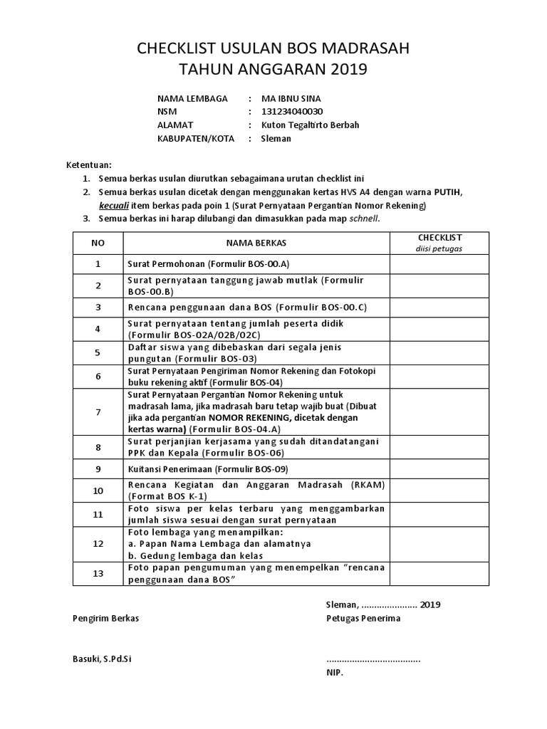 Checklist Usulan Bos 2019 | PDF