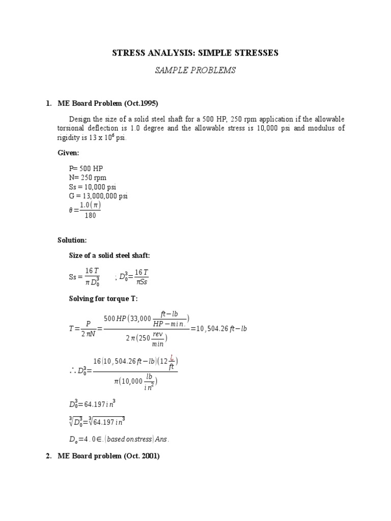 Stress Analysis: Simple Stresses: Sample Problems | PDF | Pascal (Unit) | Mechanical Engineering