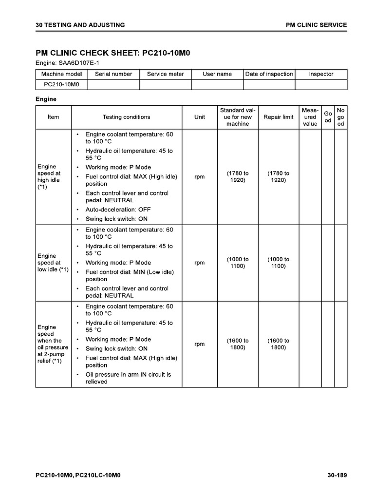 PM Clinic Check Sheet - pc210-10m0 | PDF