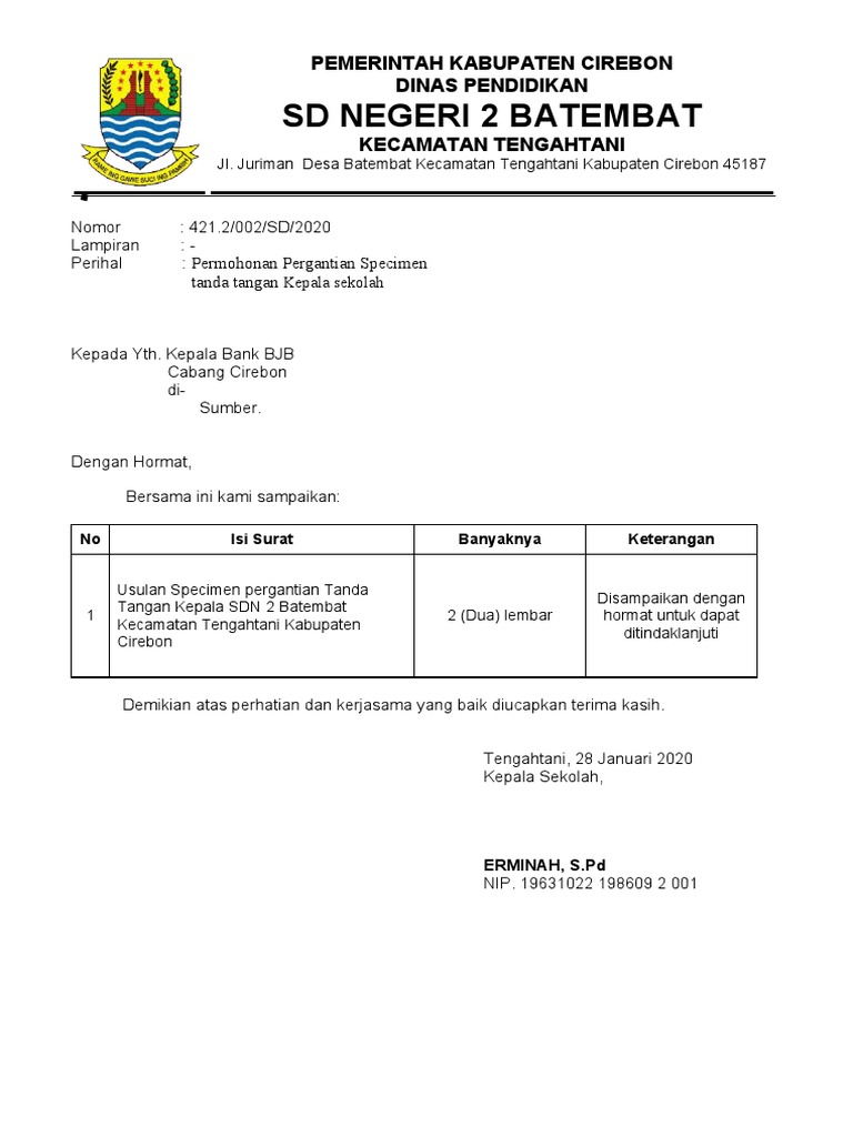 Permohonan Pergantian Specimen TTD Kepala Sekolah | PDF