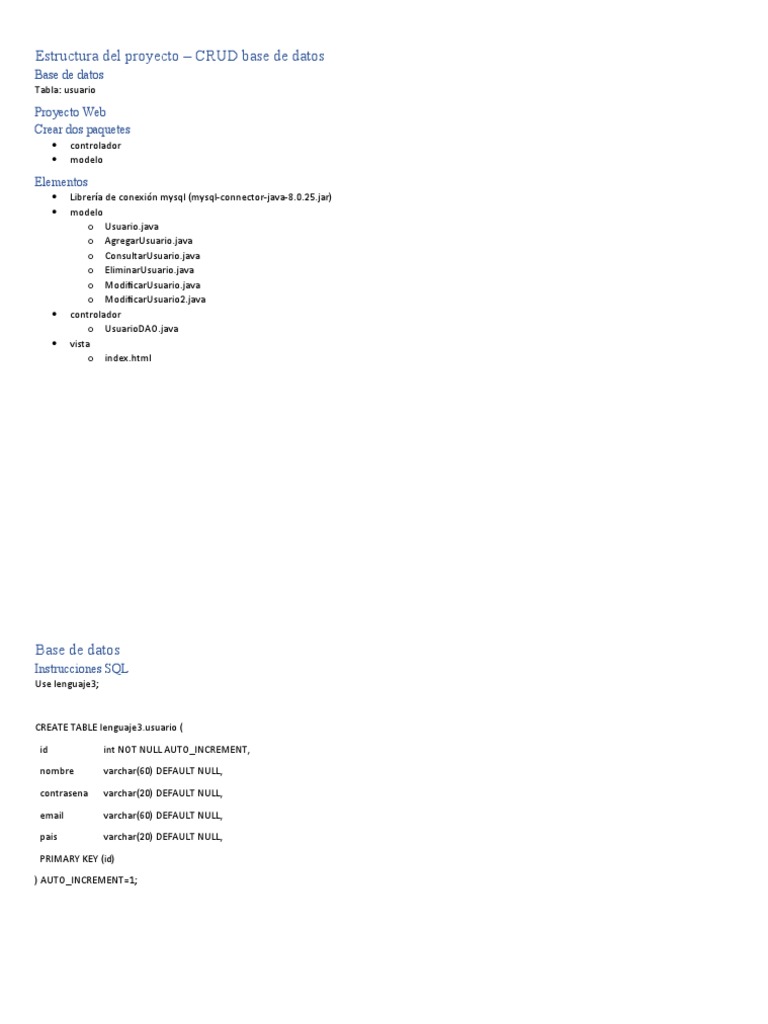 CRUD - Usuario - Final | PDF | Java (lenguaje de programación) | SQL