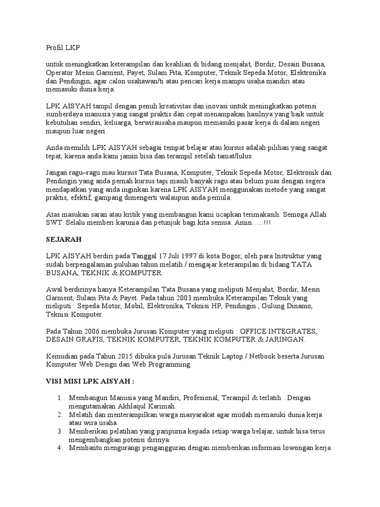 Profil LKP | PDF | Karier & Perkembangan | Teknologi & Rekayasa