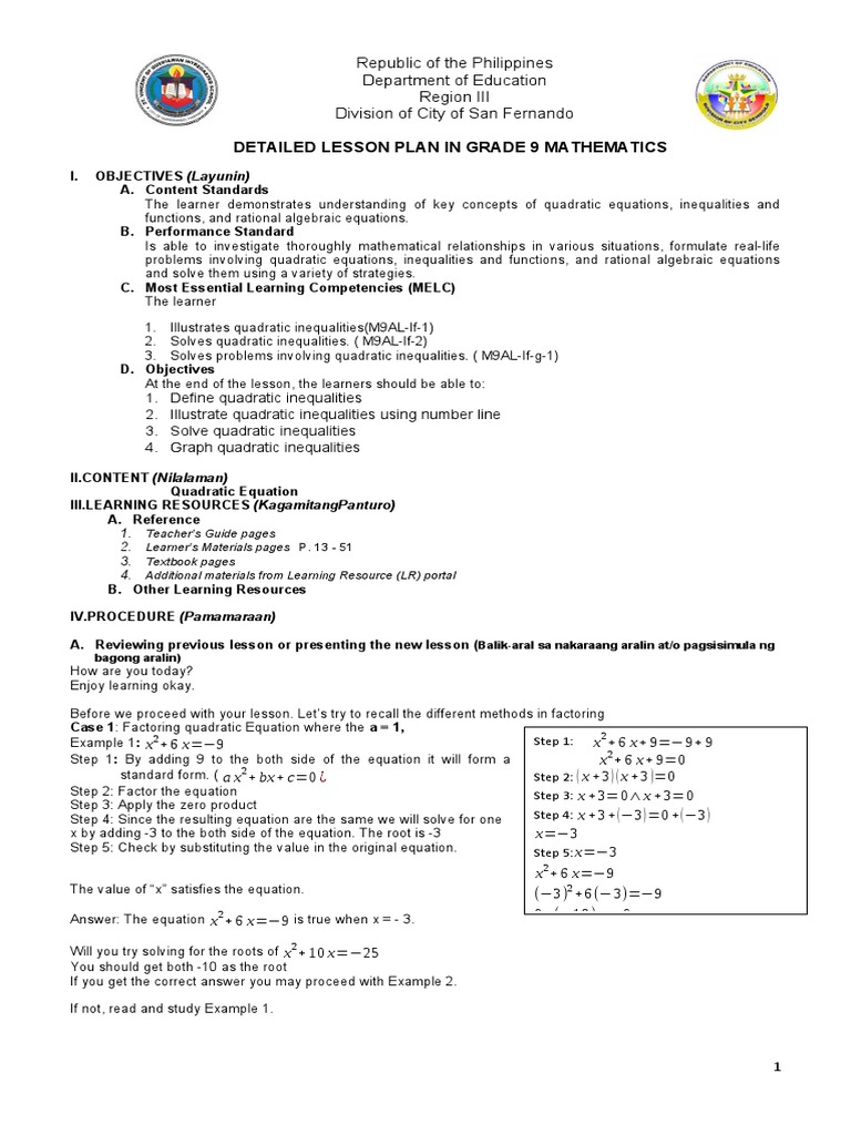 Detailed Lesson Plan in Grade 9 Mathematics | PDF | Factorization | Equations