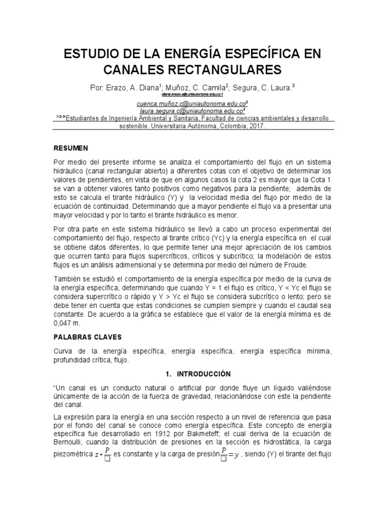 Energía Específica en Canales Rectangulares | PDF | Canal | Ingeniería ...