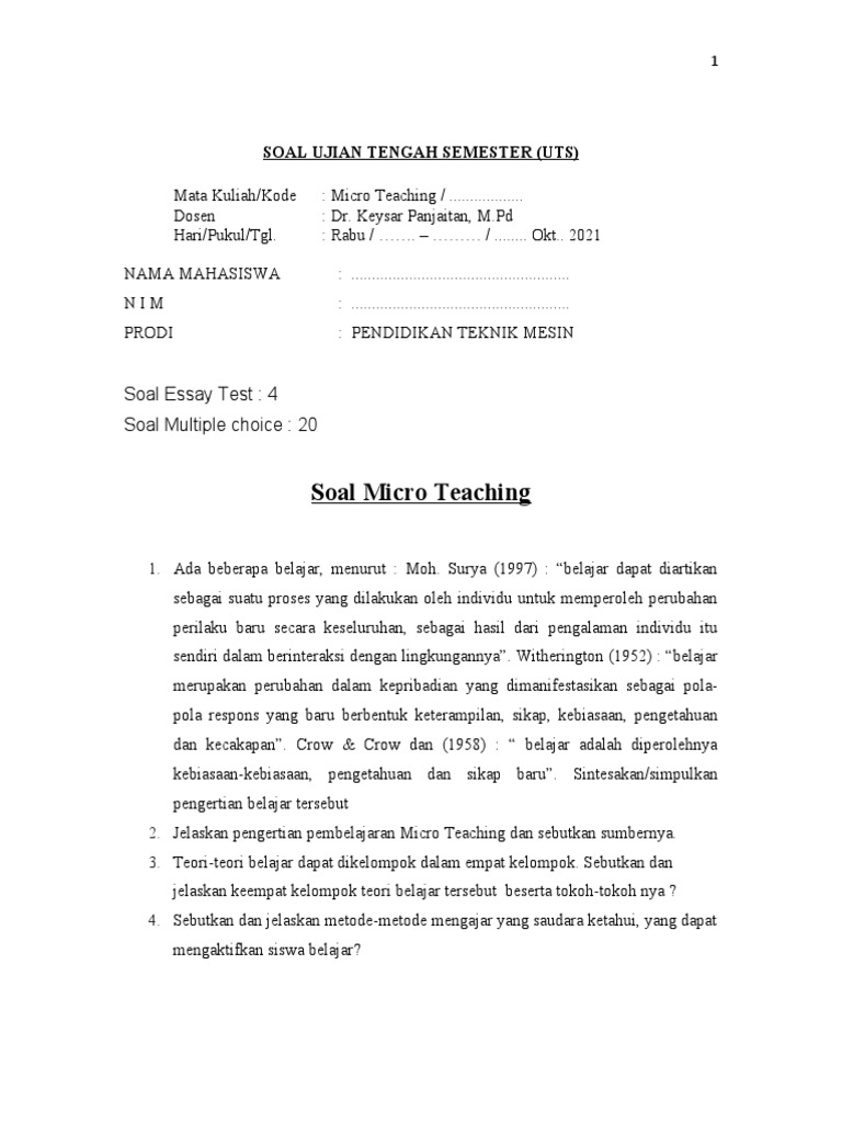 0 UTS Microteaching 131021 Soal | PDF | Karier & Perkembangan