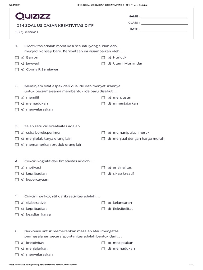 D14 SOAL US DASAR KREATIVITAS DITF - Print - Quizizz | PDF